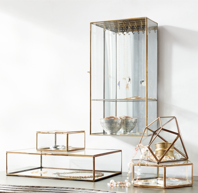 Mirrored Glass Rectangular Jewelry Box Brass RH Baby Child