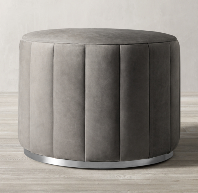 Rex Channel-Tufted Round Leather Ottoman - Metal Base