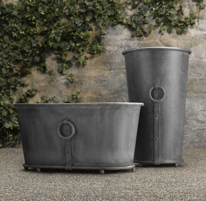 Estate Zinc Ring Round Tall & Trough Planters - Weathered Zinc