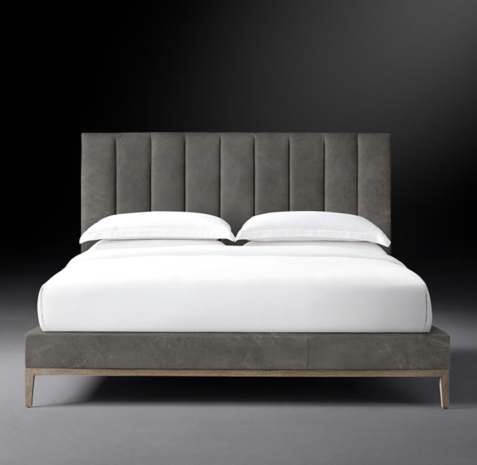 Italia Leather Vertical Channel Panel Platform Bed - Oak Base