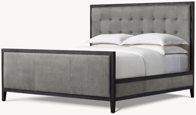 French Contemporary Leather Box-Tufted Panel Bed With Footboard | RH