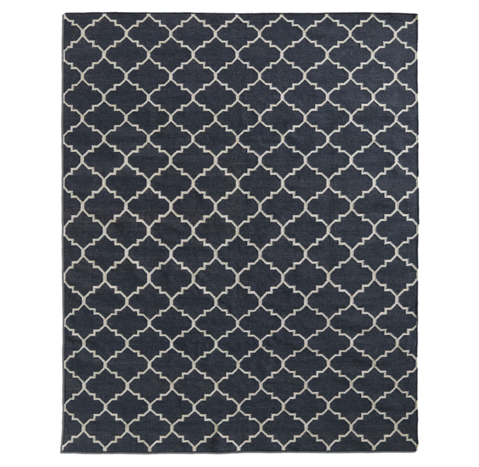 Hand-Knotted Moroccan Tile Flatweave Outdoor Rug - Black/Ivory