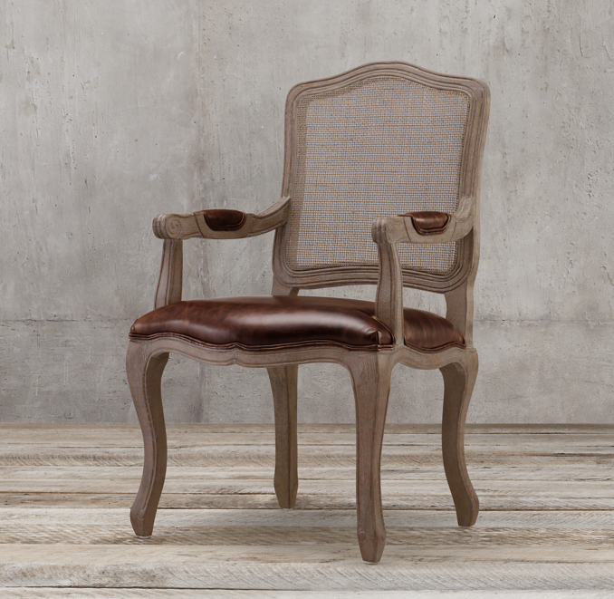 Vintage French Camelback Cane Back Leather Dining Armchair