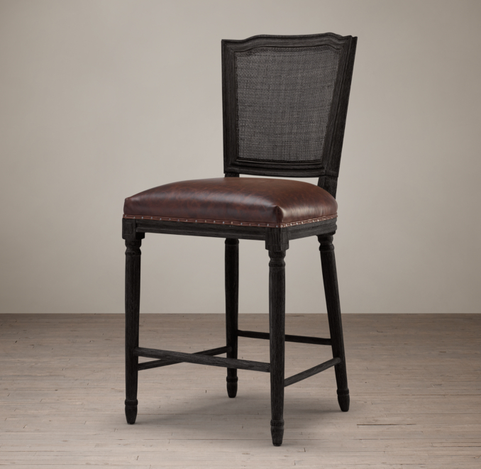 Vintage French Nailhead Cane Back Leather Counter Stool