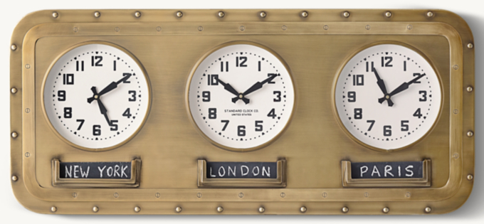 Vintage Time Zones Clock - Antique Brass | RH TEEN